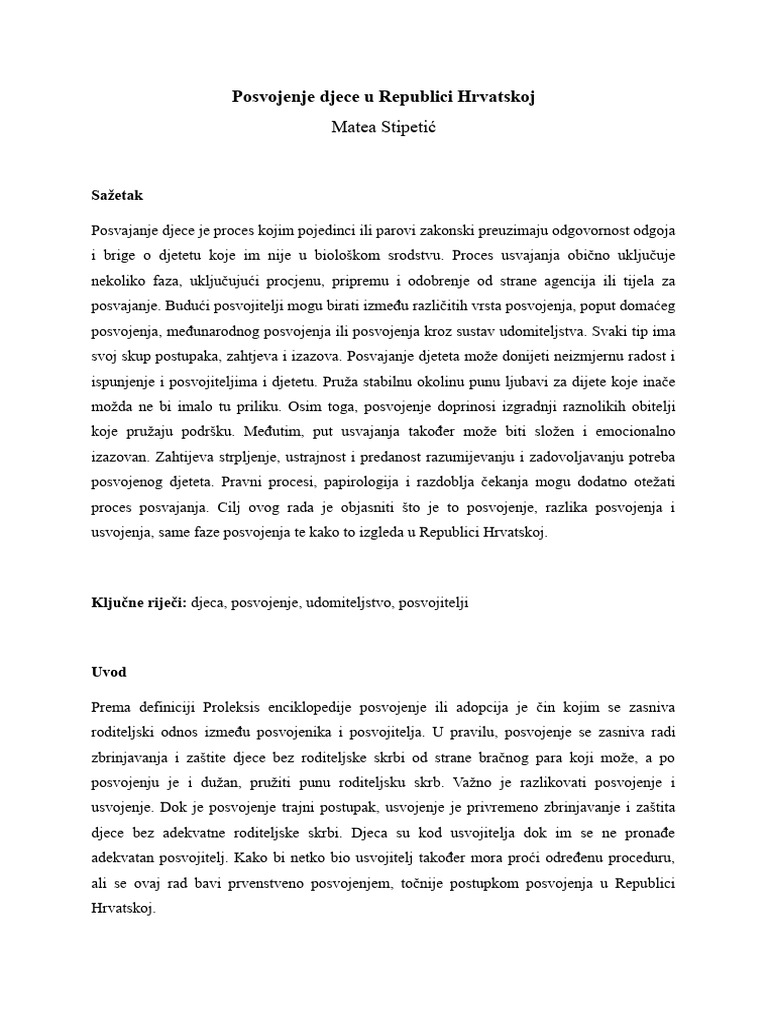 Posvojenje Djece U Republici Hrvatskoj | PDF