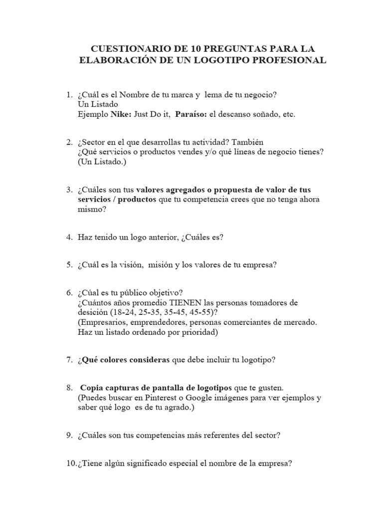 Cuestionario de 10 Preguntas para La Elaboración de Un Logotipo Profesional | PDF