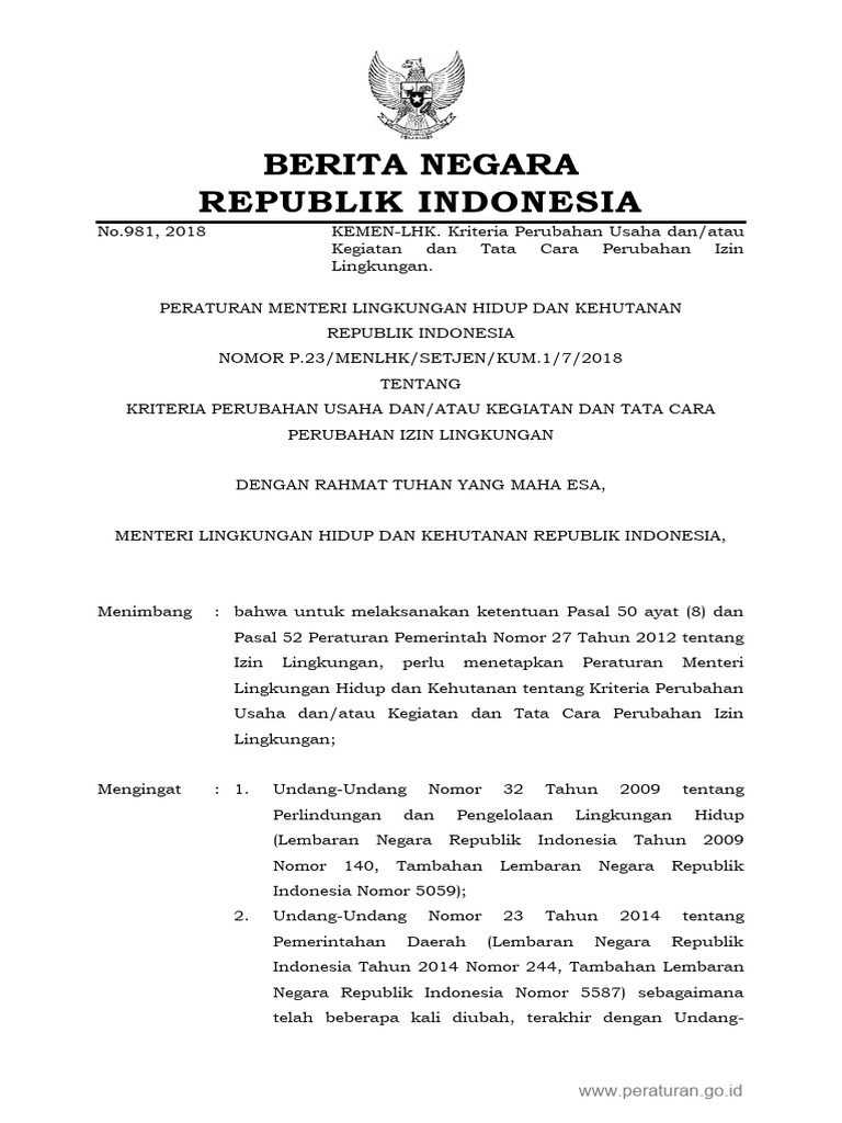 PermenLHK P.23 Tahun 2018 - Tata Cara Perubahan Izin Lingkungan | PDF