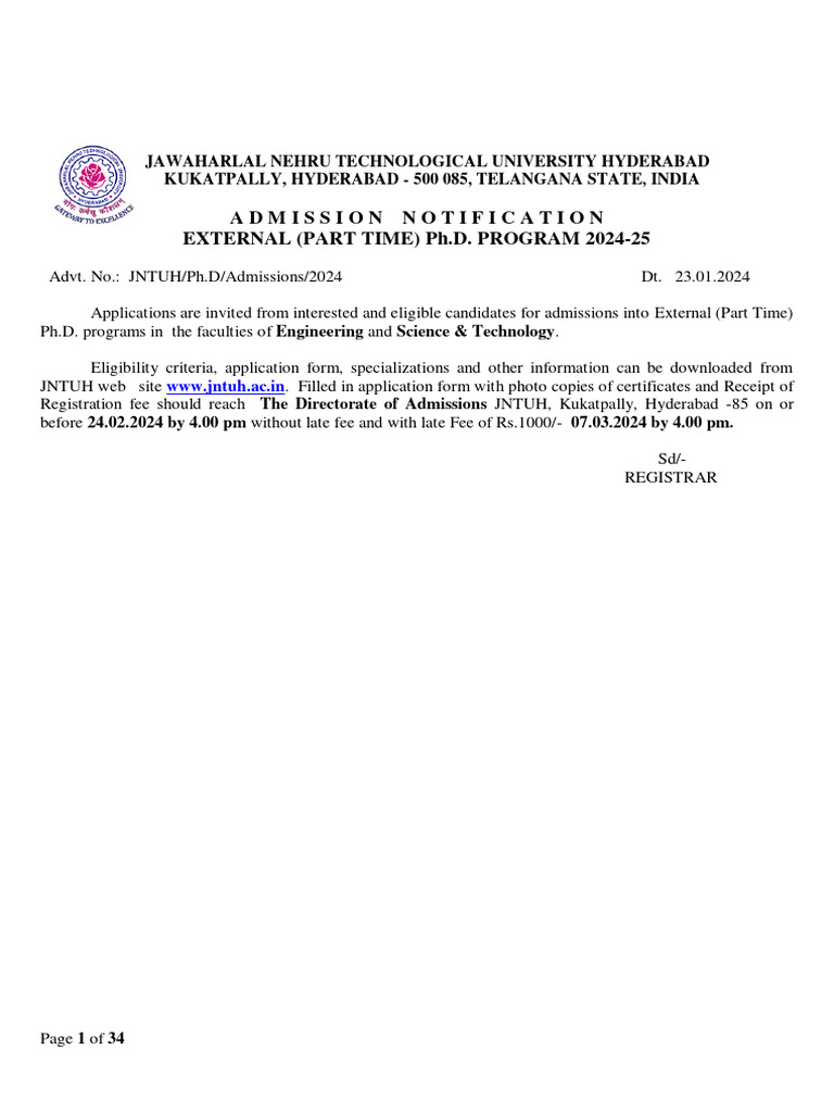 JNTU-External (Part Time) Ph.D. Program-2024-25 | PDF | Beam (Structure ...