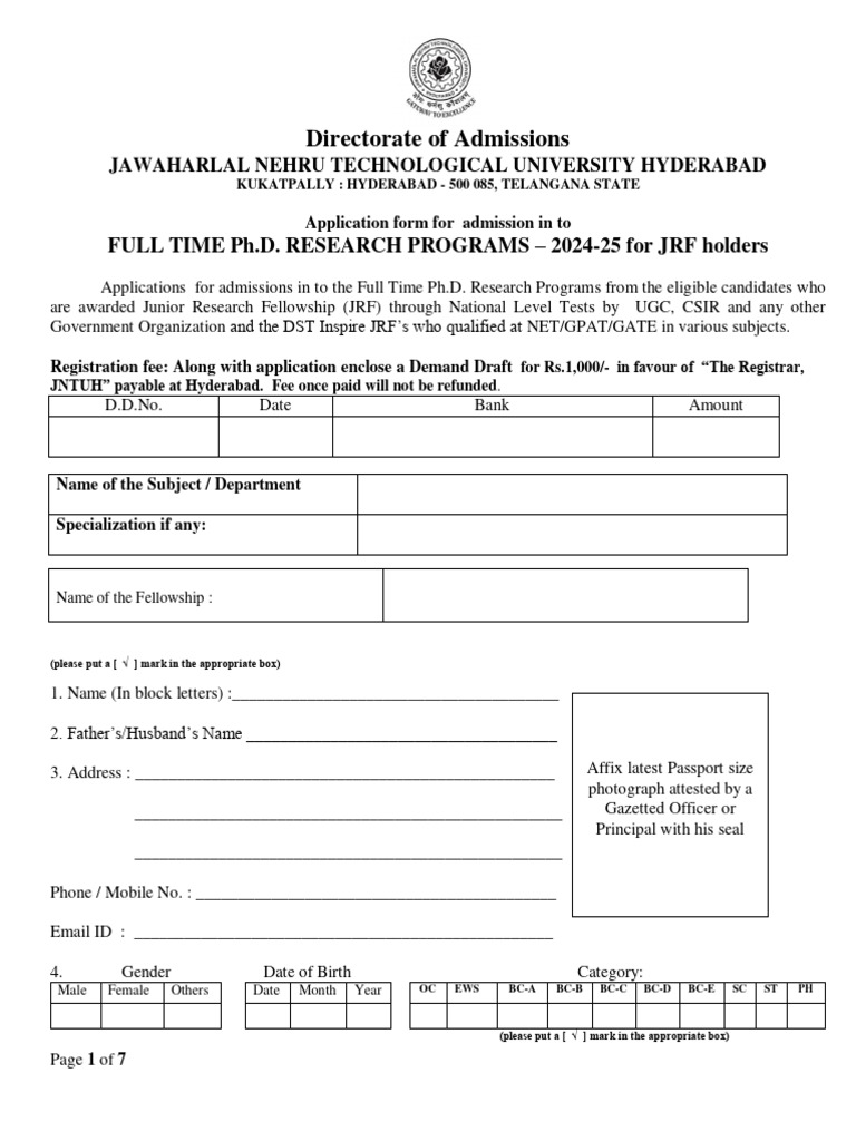 JNTU-Full Time Ph.D. Program-2024-25 | PDF