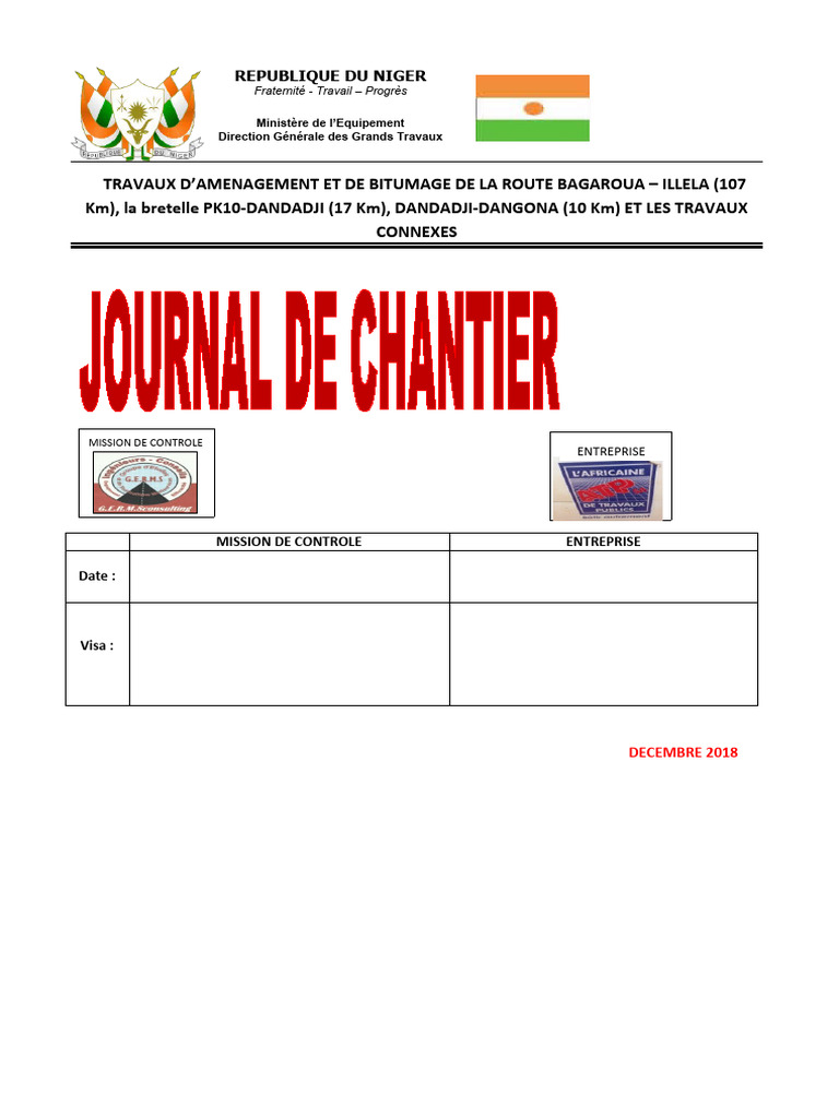 Page de Garde JOURNAL DE CHANTIER | PDF