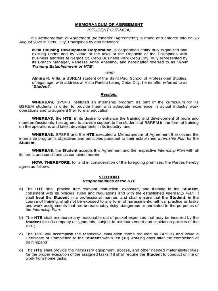 Internship Memorandum of Agreement Between Student and Company | PDF ...