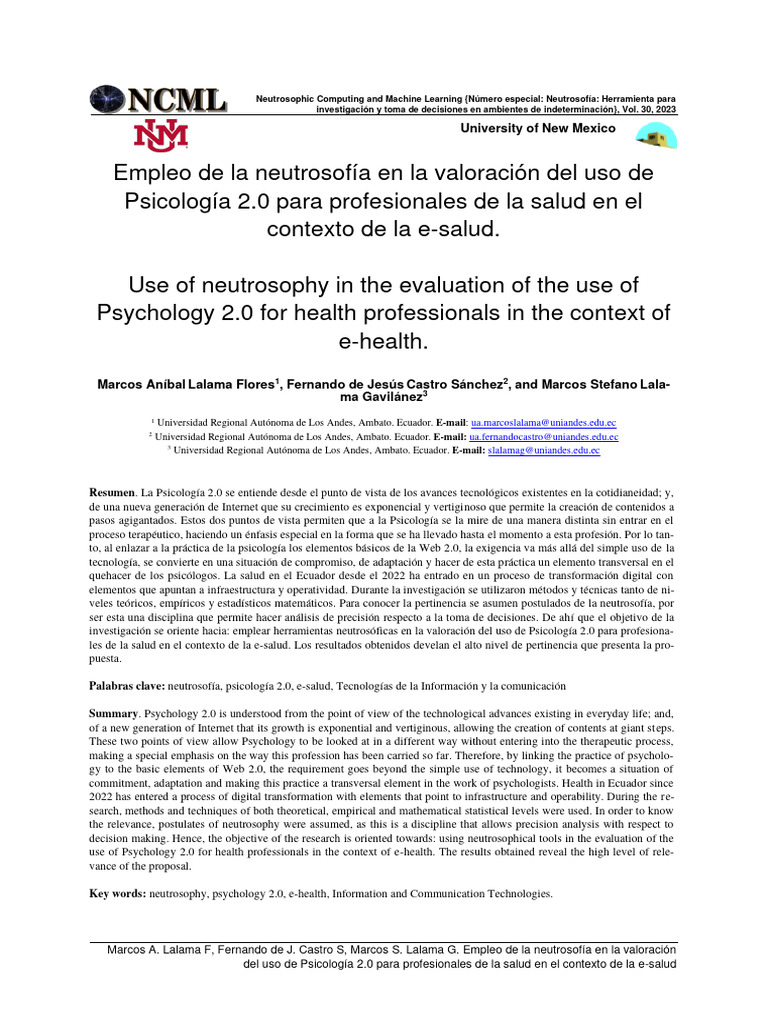 Empleo de La Neutrosofía en La Valoración Del Uso de Psicología 2.0 ...