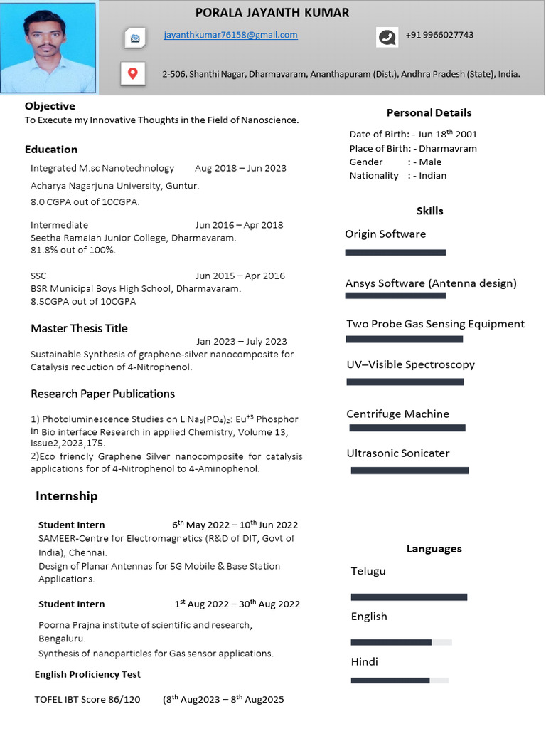 Resume at CV Jayanth | PDF | Chemistry | Applied And Interdisciplinary Physics