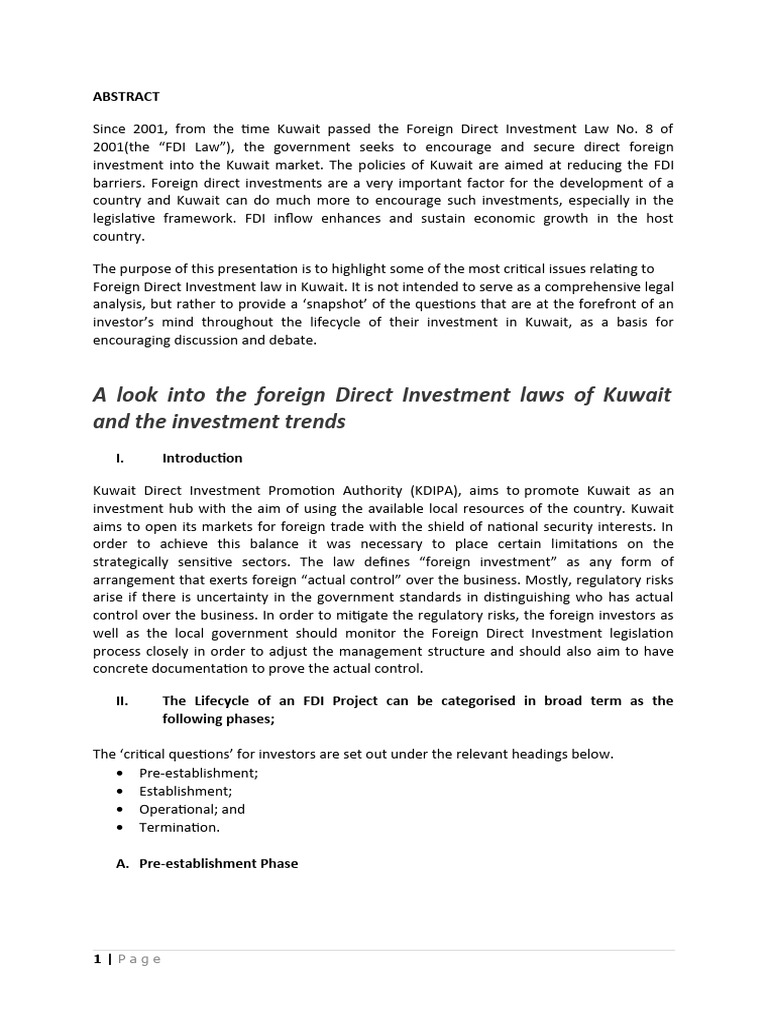 A Look Into The Foreign Direct Investment Laws of Kuwait and The ...