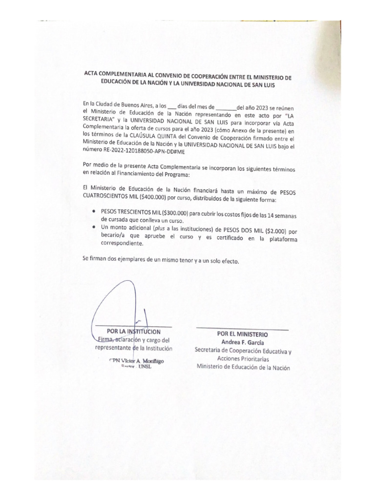 Acta Complementaria Al Convenio de Cooperación | PDF