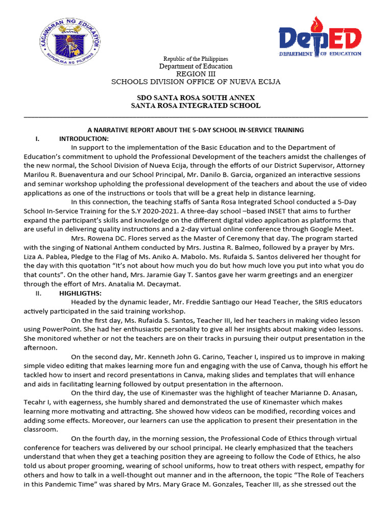 A NARRATIVE REPORT (INSET) Mam Irma | PDF | Teachers | Learning