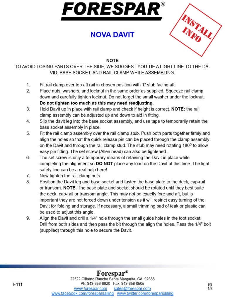F111 153302 Install Nova Davit | PDF | Screw | Mechanical Engineering