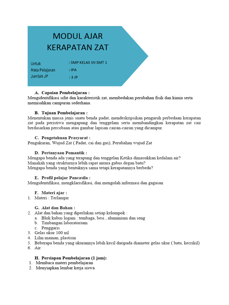Modul Ajar Ipa Kelas 7 Kerapatan Zat | PDF