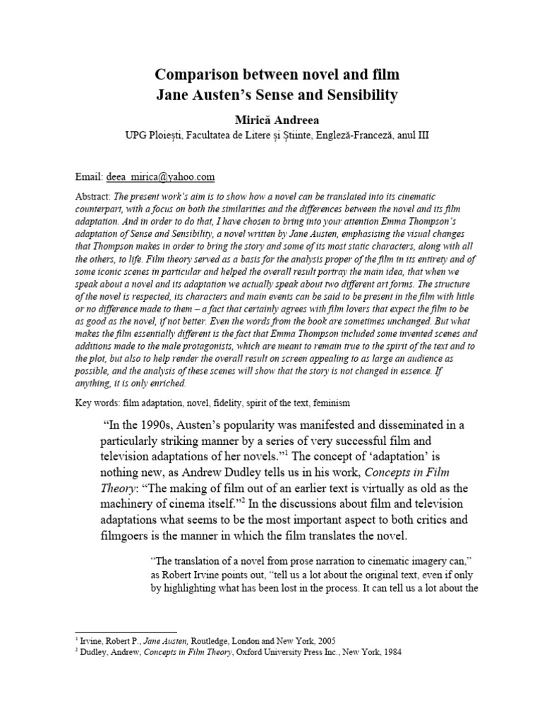 Comparison Between Novel and Film-Jane Austen's Sense and Sensibility | PDF | Elinor Dashwood ...