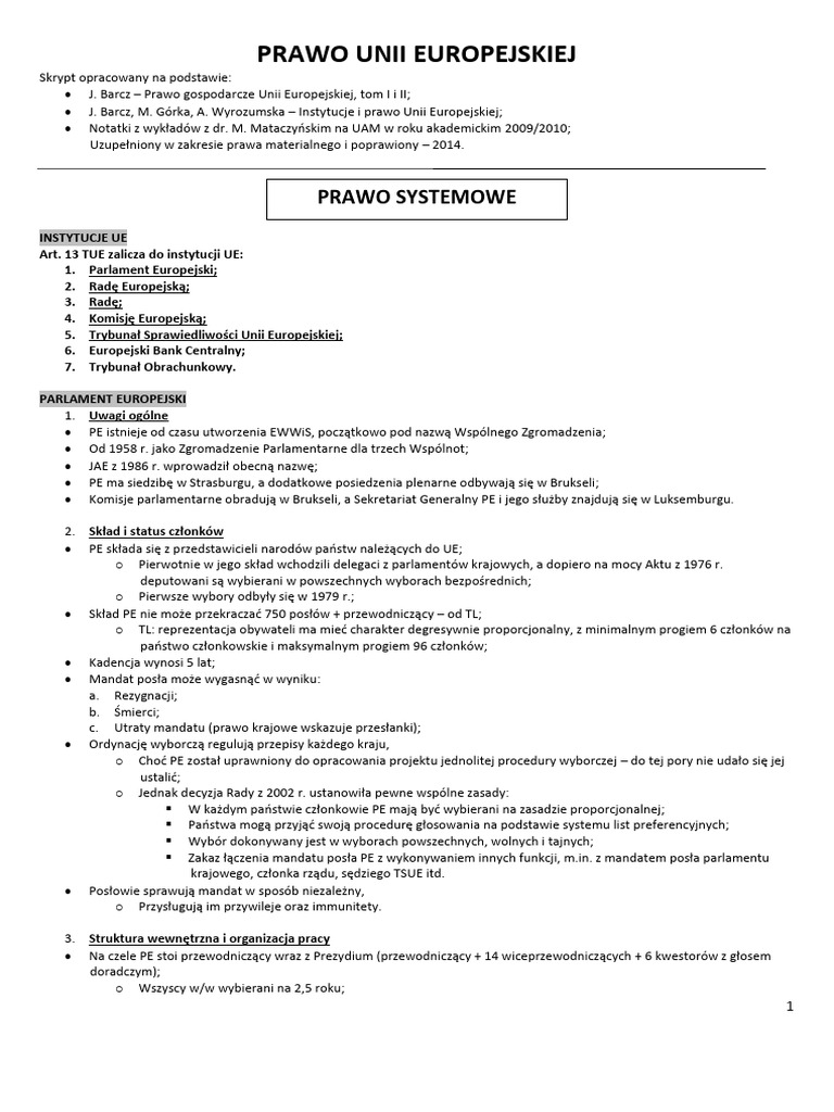 SKRYPT PRAWO UNII EUROPEJSKIEJ Wersja Uzupełniona | PDF