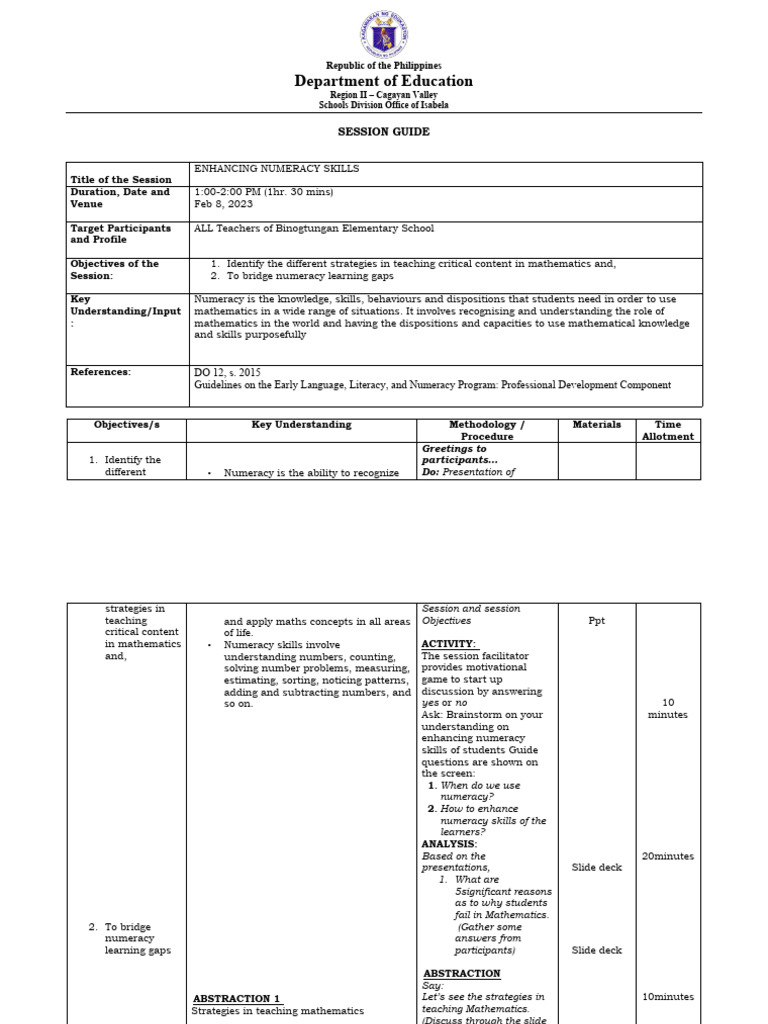 4 Session Guide CRIEZELVELASCO EeNHANCING nUMERACY sKILLS | PDF ...