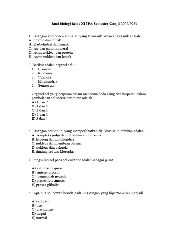 Soal Biologi Kls XI SMTR Ganjil | PDF | Sains & Matematika