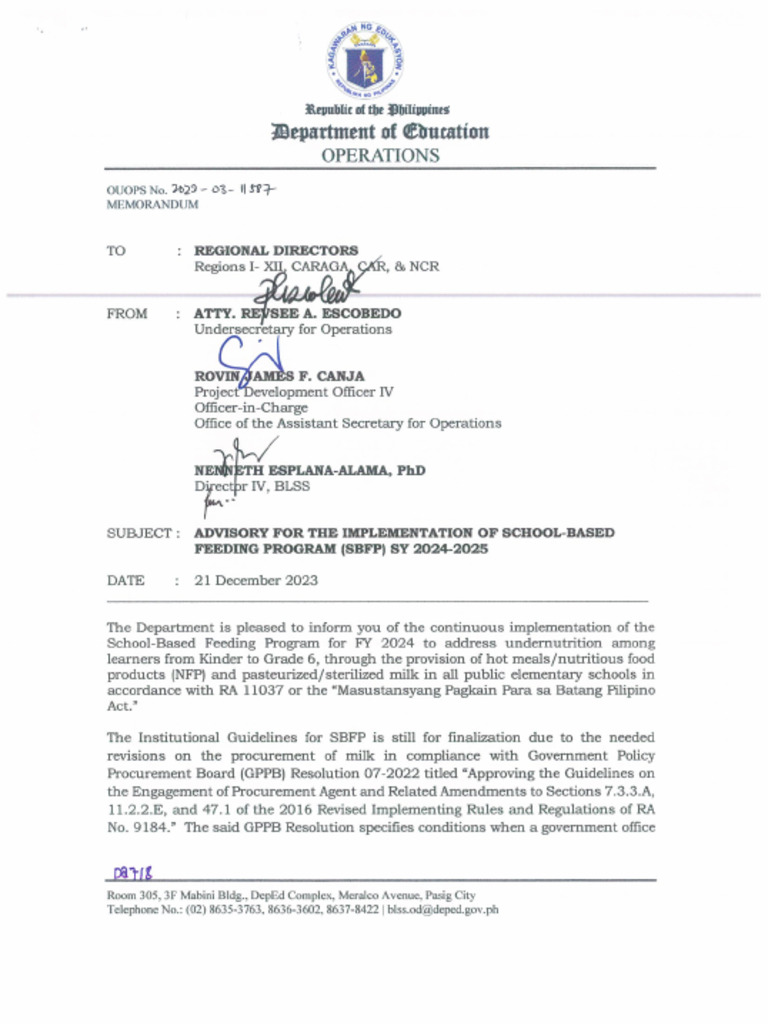 Advisory For The Implementation of SBFP Sy 2024 2025 | PDF