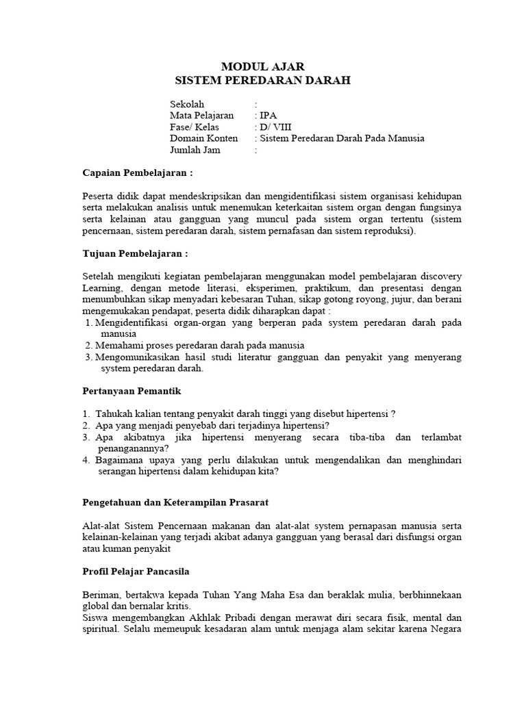 A. 5 MODUL AJAR Sistem Peredaran Darah | PDF
