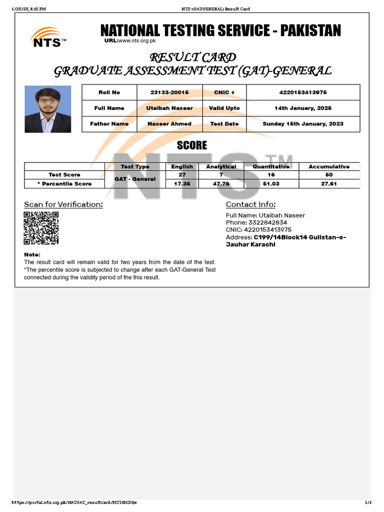 Nts (Gat General) Result Card | PDF