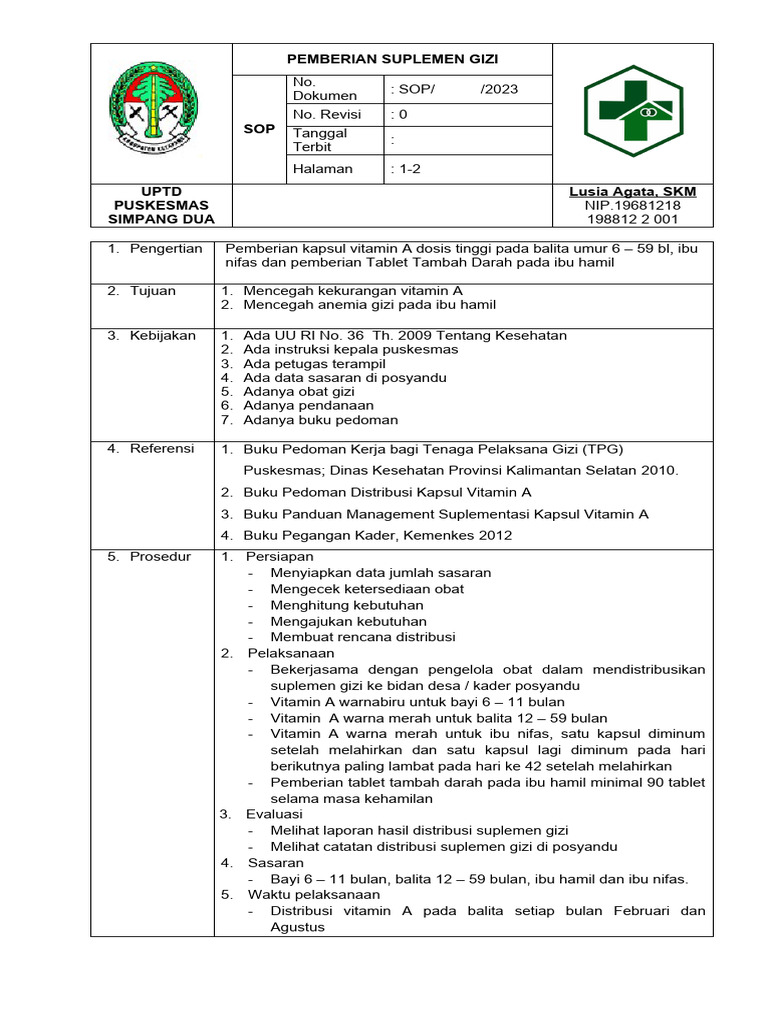 Sop Pemberian Suplemen Gizi | PDF