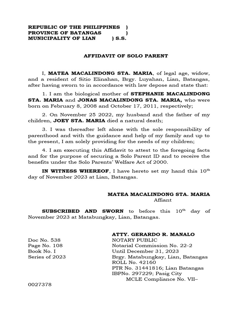 Affidavit of Solo Parent | PDF | Wellness