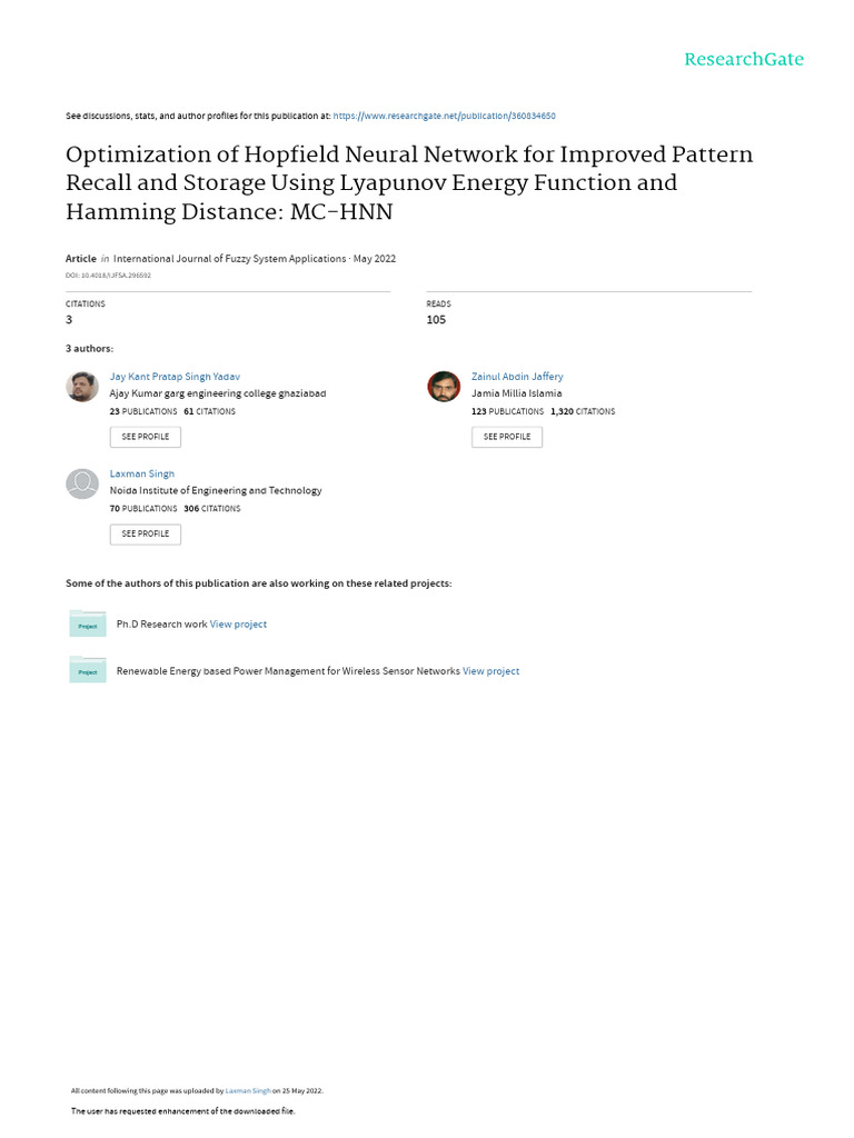 Optimization of Hopfield Neural Network For Improved Pattern Recall and Storage Using Lyapunov ...