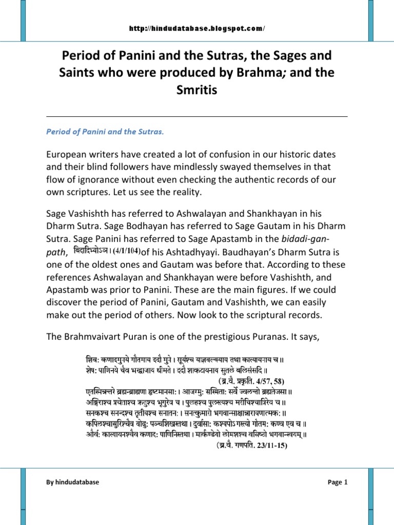 Period of Panini and The Sutras, The Sages and Saints Who Were Produced ...
