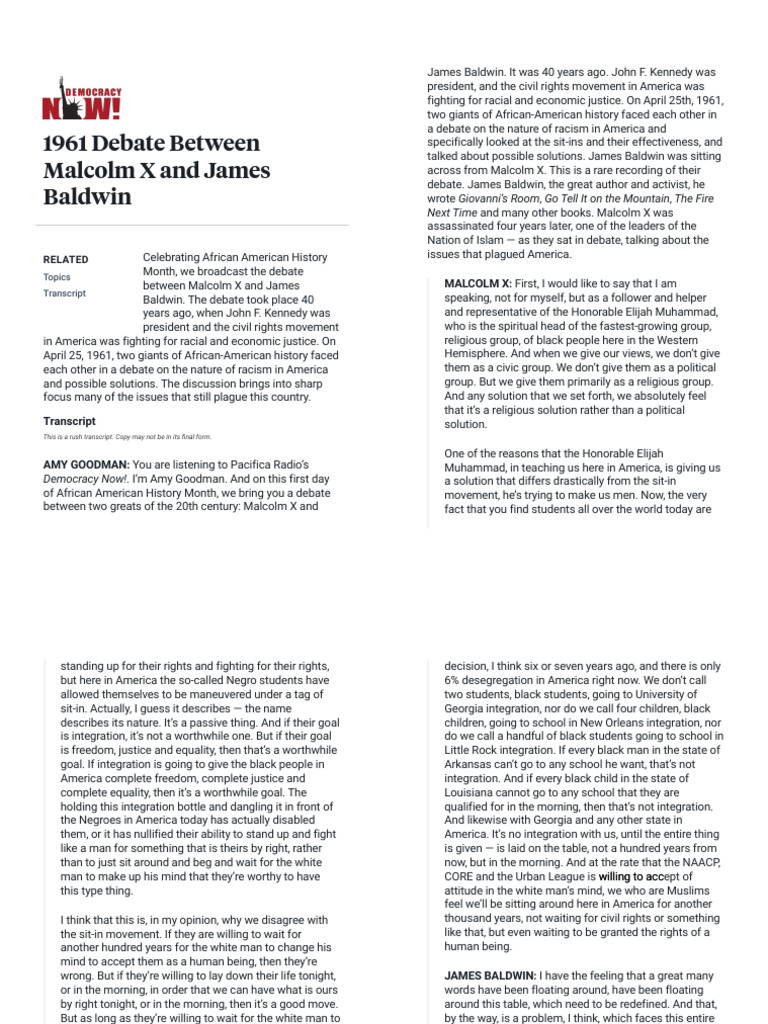 1961 Debate Between Malcolm X and James Baldwin - Democracy Now! | Download Free PDF | Malcolm X ...