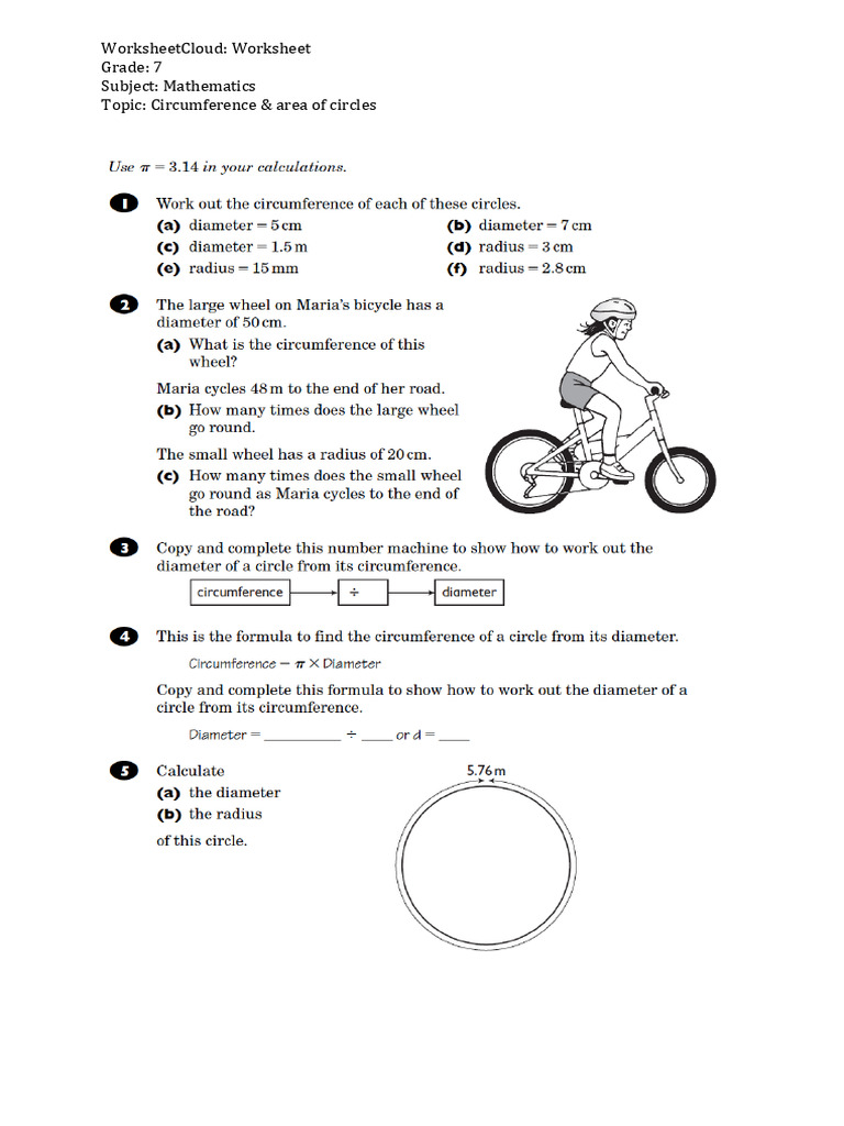 WSC Grade 7 Mathematics Circumference Area Circles WS | PDF