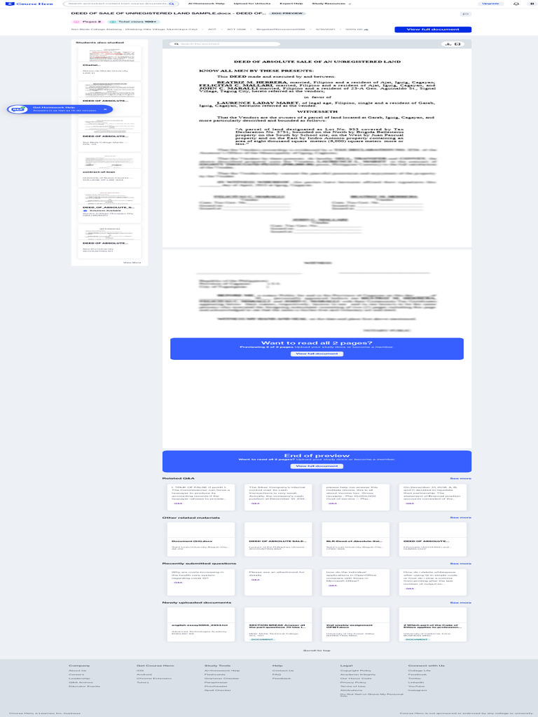 Want To Read All 2 Pages?: Deed of Sale of Unregistered Land Sample ...