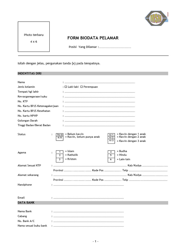 Form Biodata Pelamar MSN | PDF