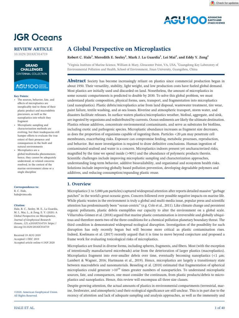 JGR Oceans - 2020 - Hale - A Global Perspective On Microplastics | PDF ...