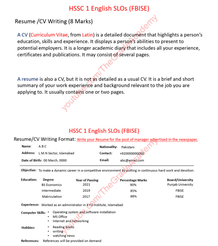 Class 11 English Resume Writing | PDF