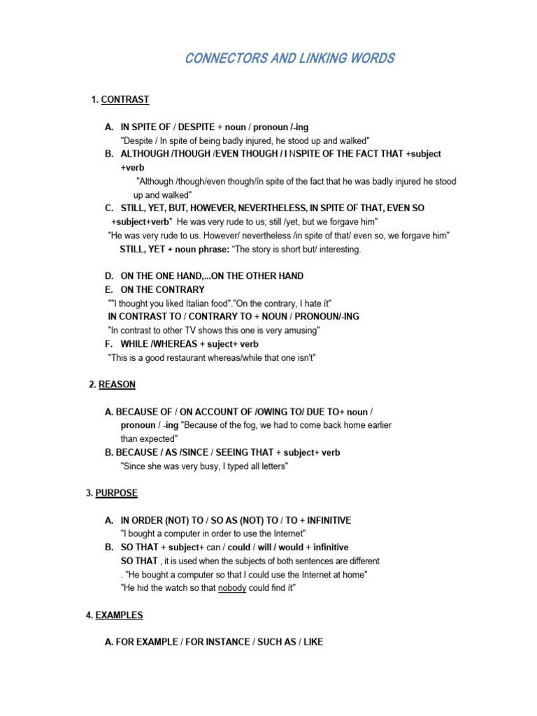 Connectors and Linking Words Guide | PDF | Verb | Noun