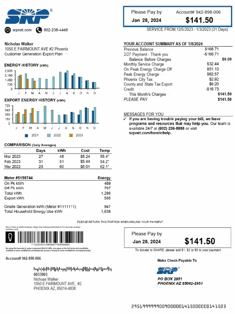 SRP Utility Bill Summary for January 2024 | PDF