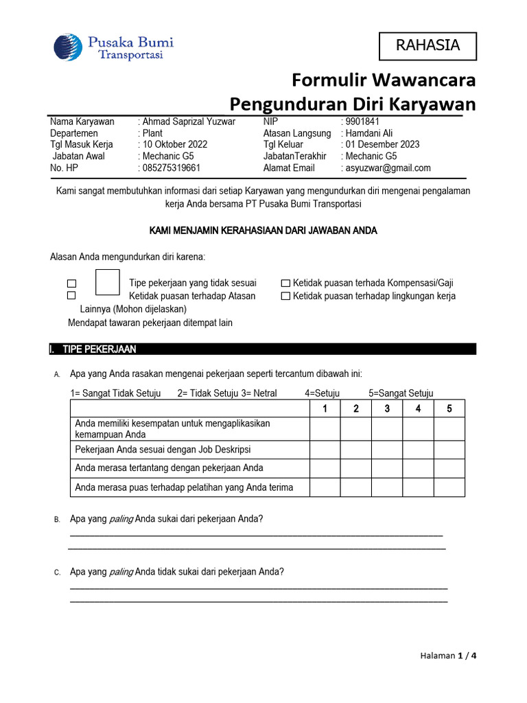 Formulir Wawancara Pengunduran Diri Karyawan | PDF | Karier & Perkembangan
