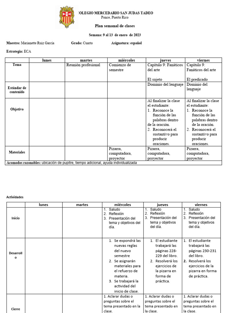 Planificacion Del 9-13 de Enero 2023 Cuarto Grado | PDF