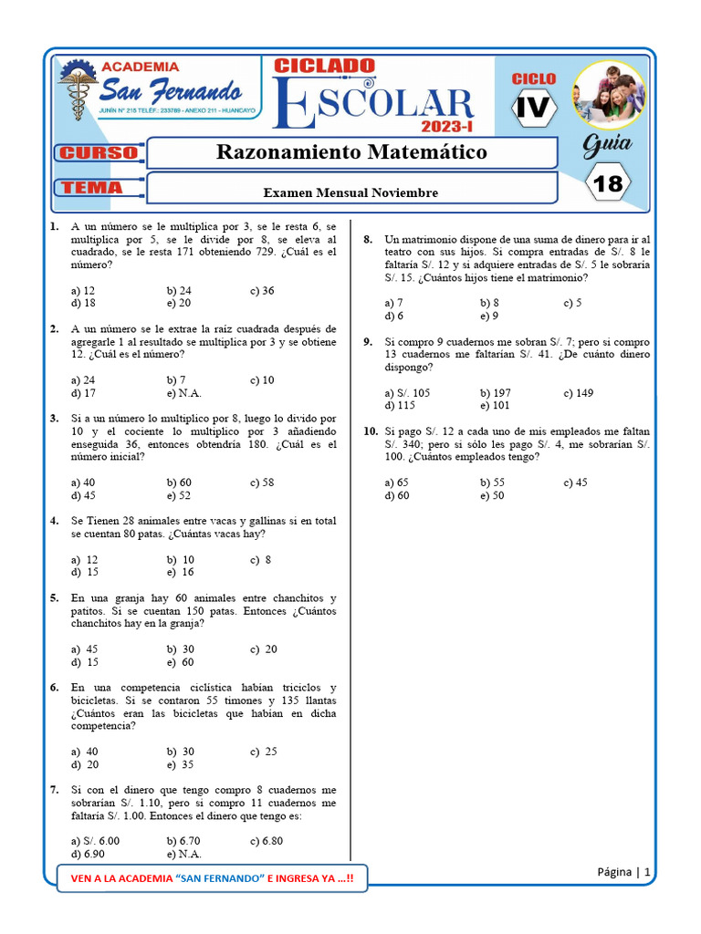 Examen - Noviembre Nivelación - RM | PDF