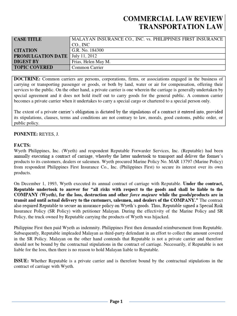 Transportation Law Digests | PDF | Private Law | Common Law