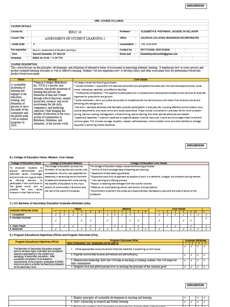 Sample Obe Syllabus Bsed | PDF | Educational Assessment | Median