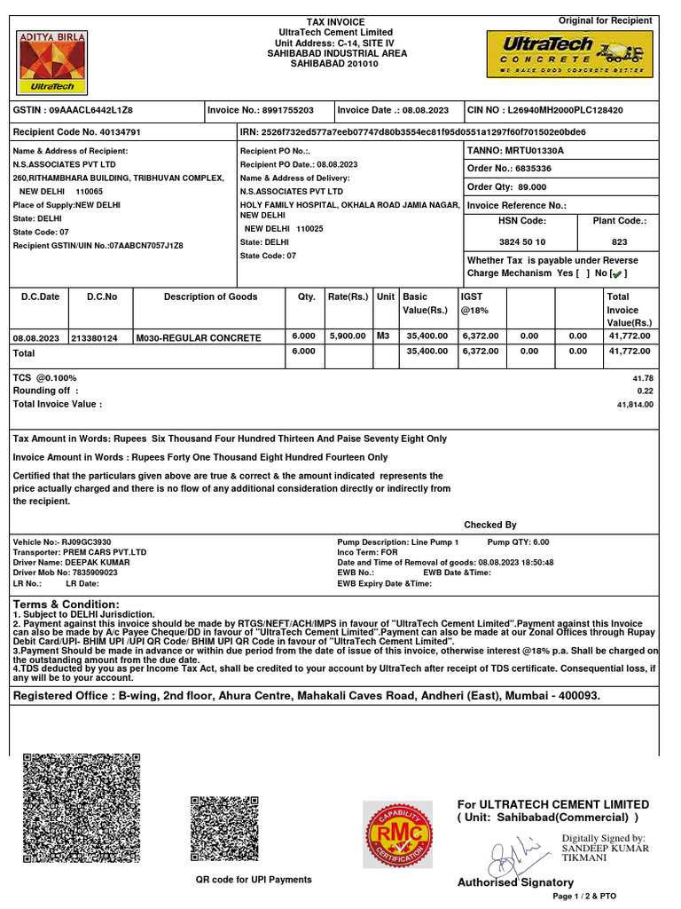 Ultra Tech Bill Sample | PDF