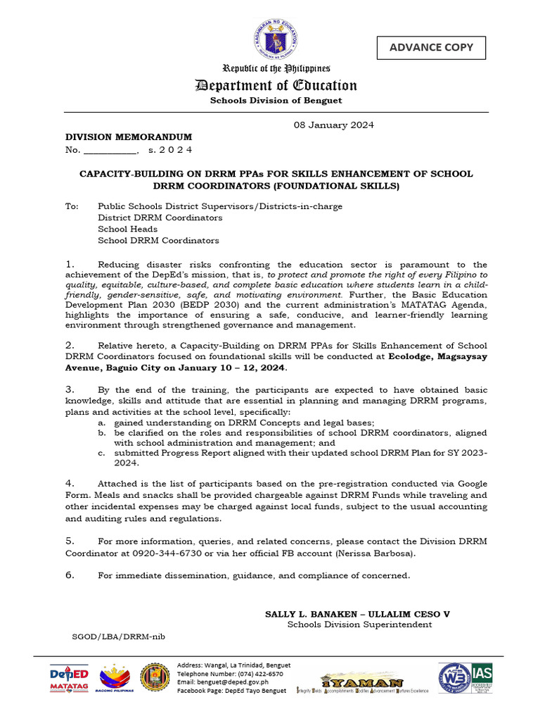 SDO Memo 2024 Re Basic DRRM Orientation | PDF
