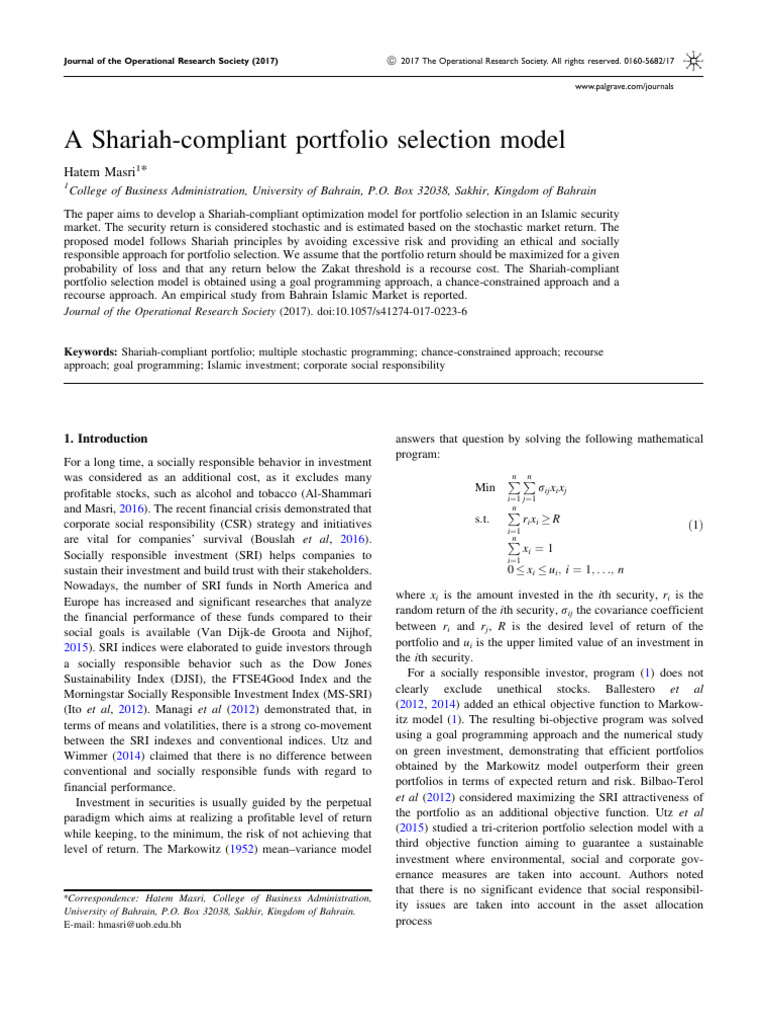 A Shariah-Compliant Portfolio Selection Model | PDF | Risk | Stock Market Index