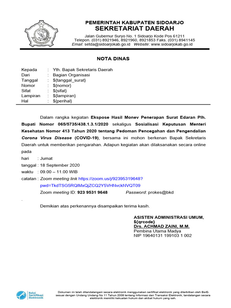 Nota Dinas Ke Sekretaris Daerah | PDF
