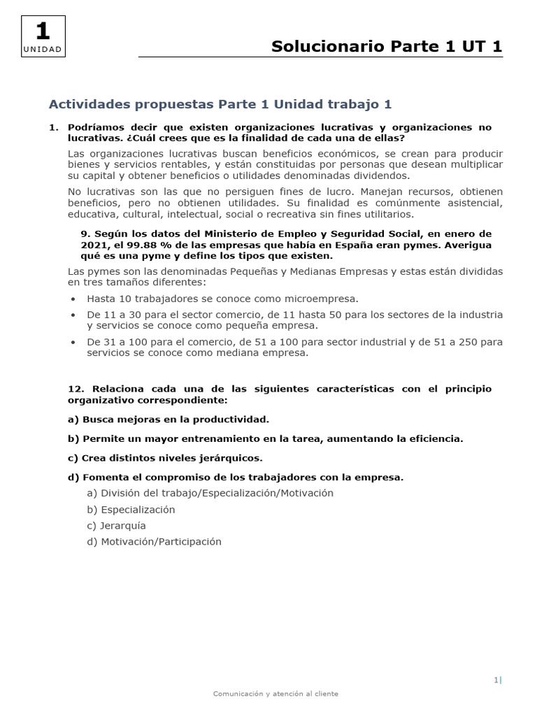 SOLUCIONES Actividades UT1 La Organizacion en La Empresa | PDF | Pequeñas y medianas empresas ...