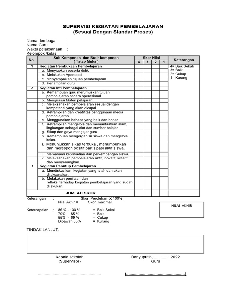 Form Supervisi Pembelajaran | PDF