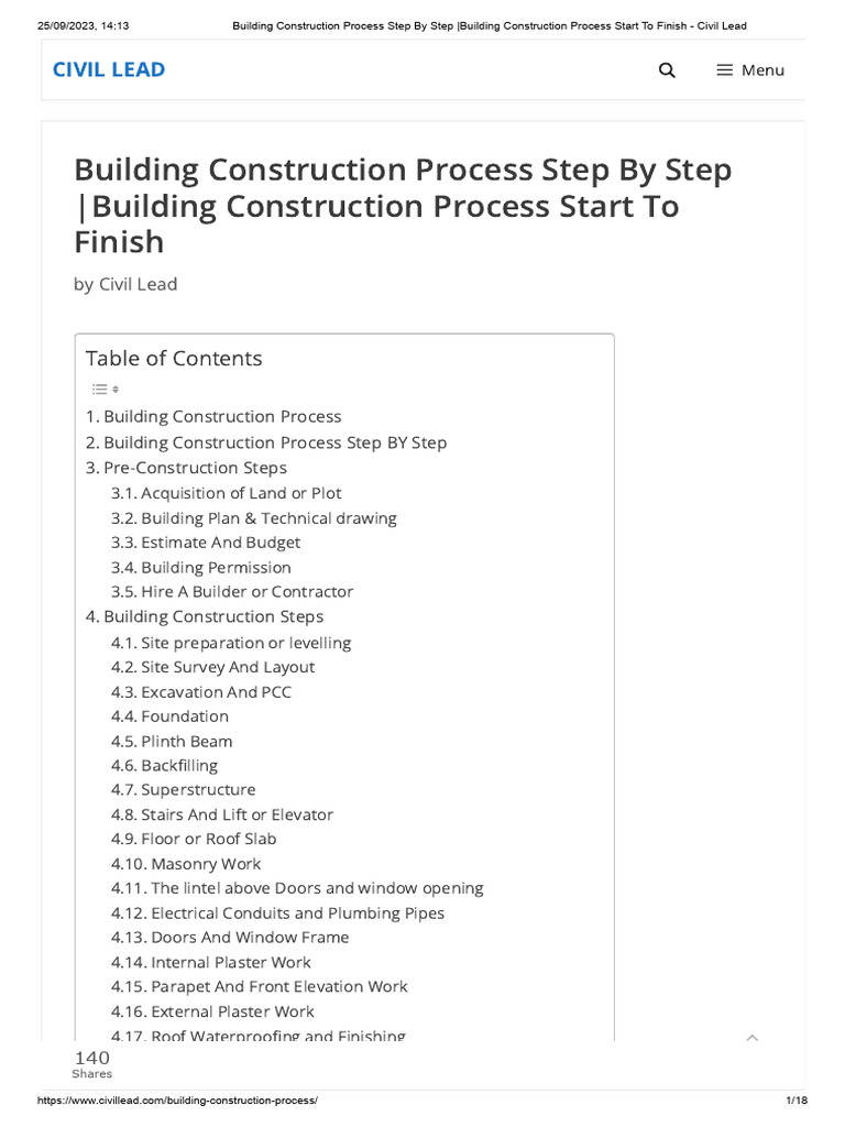 Building Construction Steps Guide | PDF | Concrete | Wall