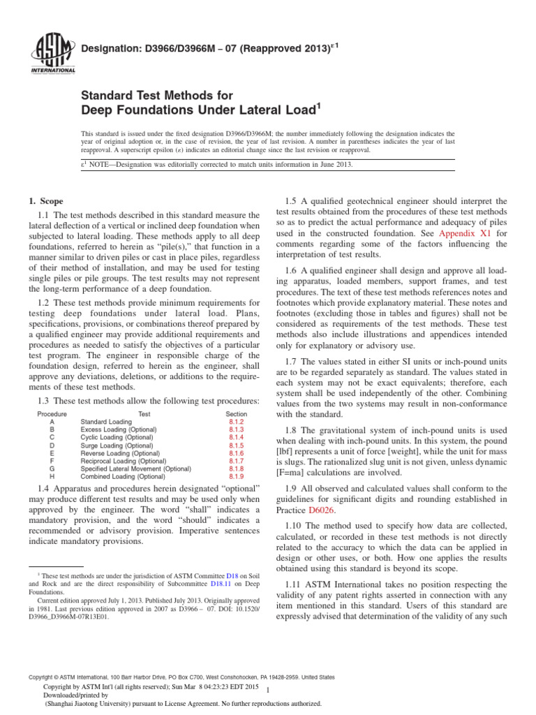 3、水平静载试验标准：ASTM D3966 D3966M-07 (Reapproved 2013) Standard Test Methods ...