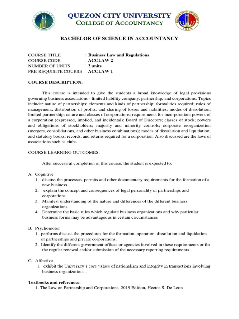 Syllabus - Business Law Regulations | PDF | Partnership | Corporations