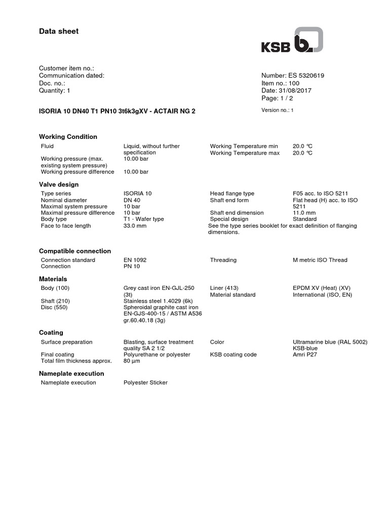 ISORIA 10 DN40 Valve Data Sheet | PDF | Valve | Mechanical Engineering