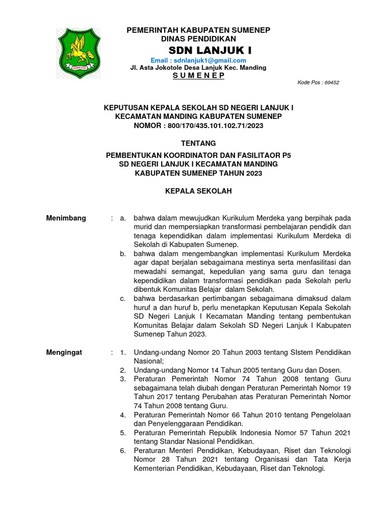 Pembentukan Koordinator P5 SDN Lanjuk I | PDF