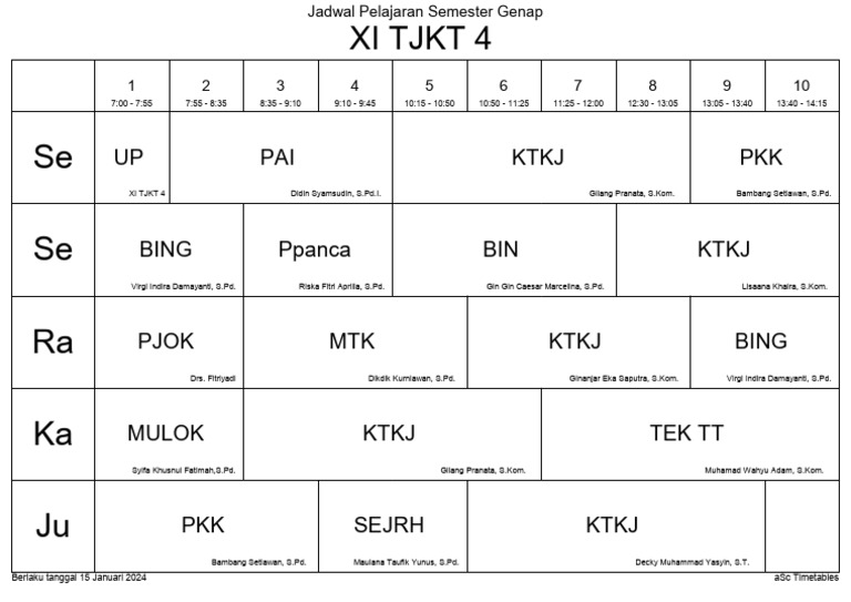 Jadwal Pelajaran XI TJKT 4 | PDF